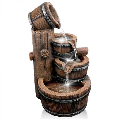 GEEZY Barrel Water Feature Outdoor Indoor LED Fountain Waterfall Garden ...