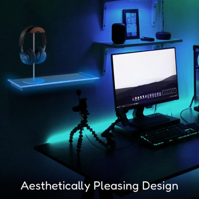 GEEZY Black Floating Shelf Blue LED Neon Light Wall Mounted for Gaming ...