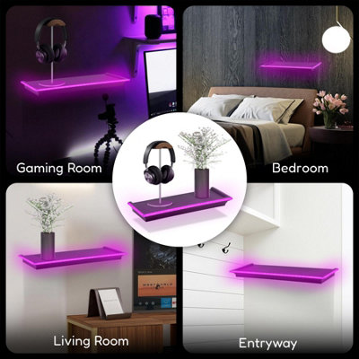 GEEZY Black Floating Shelf Pink LED Neon Light Wall Mounted for Gaming ...
