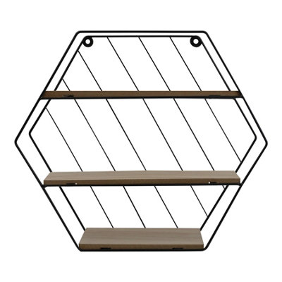 GEEZY Hexagon Wall Rack Floating Shelves Metal Wood Mounted Home Office ...