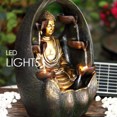 GEEZY Solar Water Fountain LED Golden Buddha Solar Water Feature Garden ...