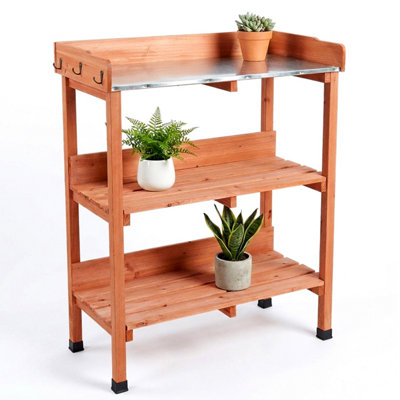 GEEZY Wooden Potting Table with Shelves Hooks Garden Work Bench Flower ...