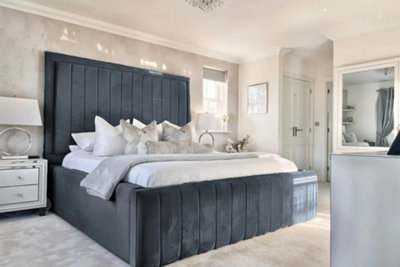 Geneva Steel Plush Valvet Upholstered Gas Lift Ottoman Storage Bed with ...