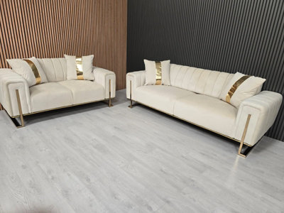Genova Champagne Velvet Sofa 3 and 2 Seater with gold metal legs