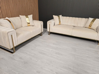 Genova Champagne Velvet Sofa 3 and 2 Seater with gold metal legs