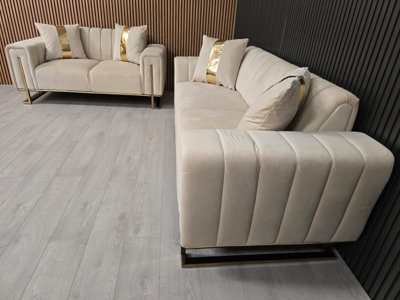 Genova Champagne Velvet Sofa 3 and 2 Seater with gold metal legs
