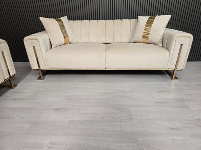 Genova Champagne Velvet Sofa 3 and 2 Seater with gold metal legs
