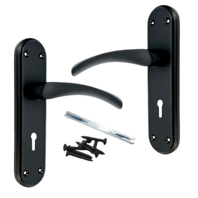Genova Door Handles Matt Black Twist Lever Lock Marina Backplate