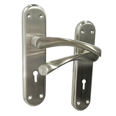Genova Door Handles Satin Twist Lever Lock Marina Backplate | DIY at B&Q