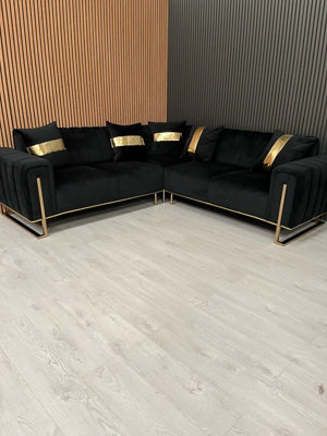 Genova Velvet Black Corner Sofa With Gold Metal Legs