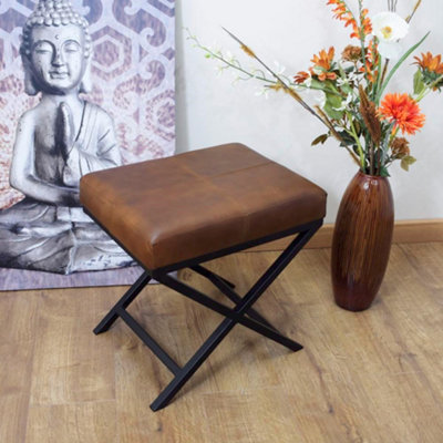 Genuine Brown Leather Hand Stitched Cross Legged Stool | DIY at B&Q