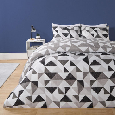 Geo Shapes Duvet Cover Set Reversible Bedding Pillowcase, Black - Superking