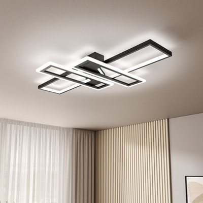 Geometric Black Frame Rectangular LED Semi Flush Ceiling Light in White ...