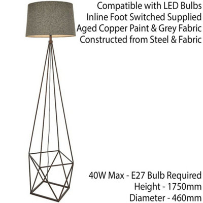 Geometric Cage Floor Lamp Aged Copper & Grey Fabric Shade 1750mm Tall ...