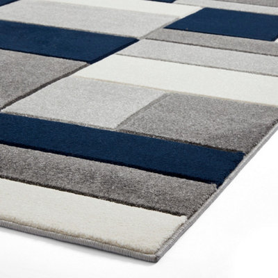 Geometric Grey Navy Modern Easy To Clean Rug For Dining Room-80cm X 150cm