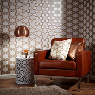 Geometric Lattice Glitter Wallpaper Moroccan Stars Grey White Copper ...