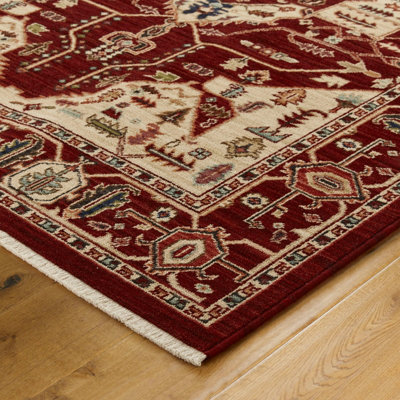 Geometric Persian Wool Easy to Clean Red Traditional Bordered Rug for ...