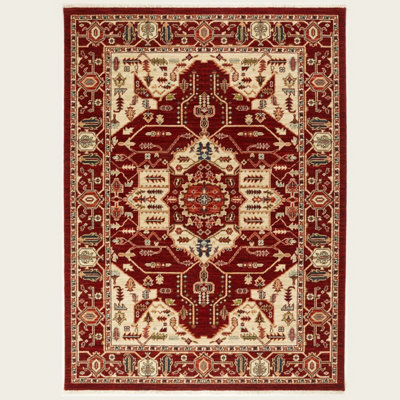 Geometric Persian Wool Easy to Clean Red Traditional Bordered Rug for ...