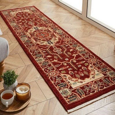 Geometric Persian Wool Easy to Clean Red Traditional Bordered Rug for ...