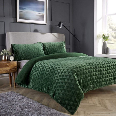 Geometric Reversible Teddy Duvet Set in Emerald Green - Double