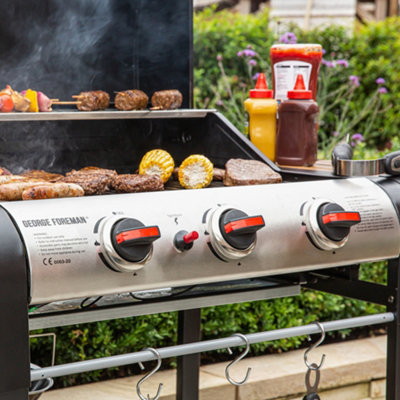 George Foreman Gas BBQ 3 Burner Black and Wood Effect Barbecue GFGBBQ3BW