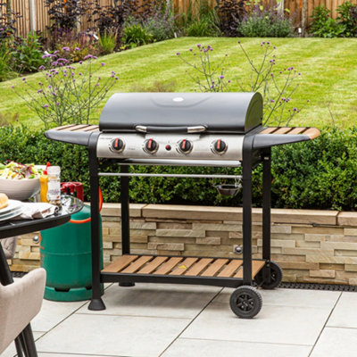 George Foreman Gas BBQ 4 Burner Black and Wood Effect Barbecue GFGBBQ4BW