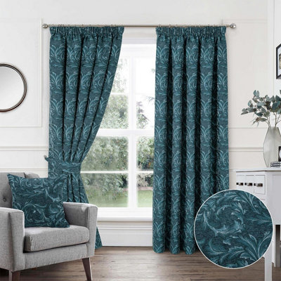 Georgia Chenille Lined Pencil Pleat Curtains Floral Design Curtains for Bedroom or Living Room 168 x 229cm Teal