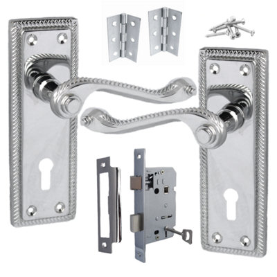 Georgian Roped Door Handle Chrome, Lock Door Handles Lever Lock Set ...