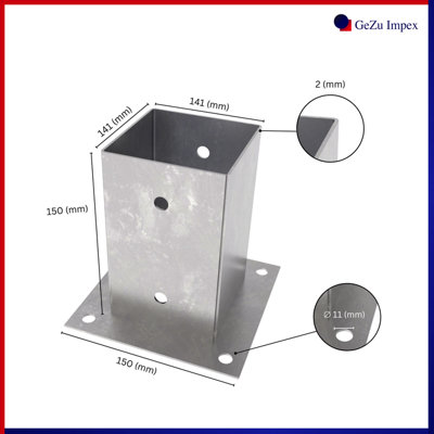 GeZu Impex Bolt Down Post Support 141x141 mm Hot Dip Galvanised Square Fence Post Base Bracket ...