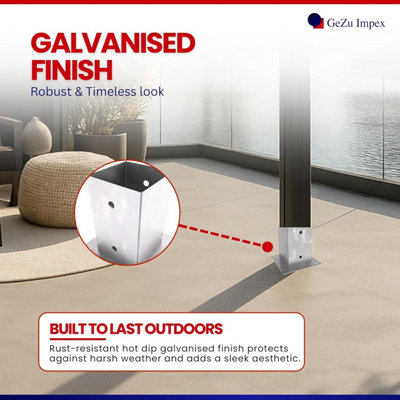 GeZu Impex Bolt Down Post Support 141x141 mm Hot Dip Galvanised Square Fence Post Base Bracket ...