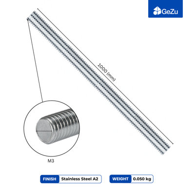 GeZu Impex M3 Threaded Rod 1000 mm Stainless Fully Threaded Bar Screw ...