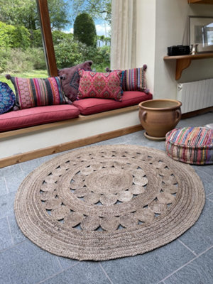 GHERANA Circle Rug Jute in Flat Weave Round Design / 120 cm Diameter