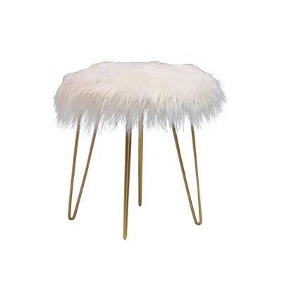 GILL Faux Fur Hairpin Leg Stool Fluffy Round Footrest Vanity Dressing Table Seat Bedroom and Living Room Furniture RICE