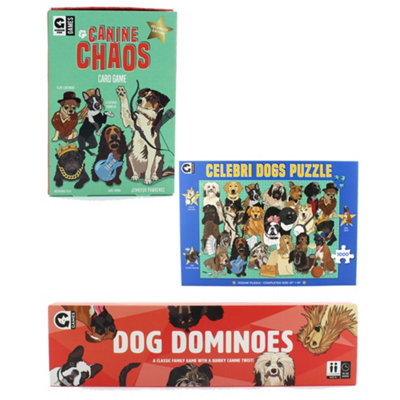 Ginger Fox Dog Chaos Card Game, Dog Dominoes, and Celebrity Dogs Puzzle Set