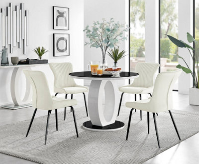 Giovani Round 4 Seat 100cm White High Gloss Halo Base Black Glass Top ...