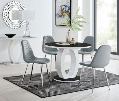 Giovani Round 4 Seat 100cm White High Gloss Halo Base Black Glass Top Dining Table 4