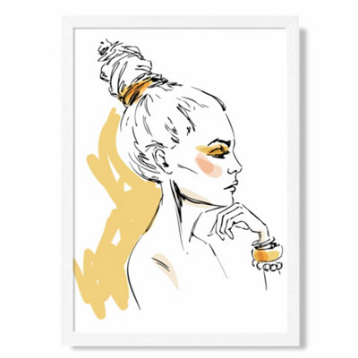 Girl Fashion Pen and Ink Sketch Framed Print SIZE: A3 with White Frame