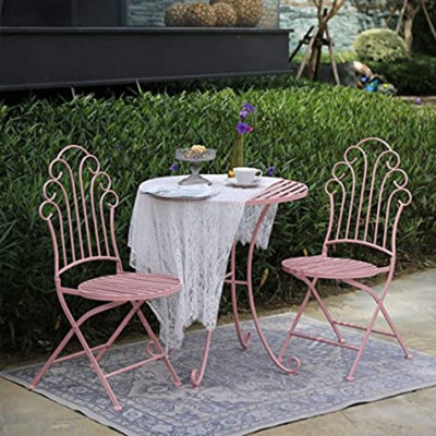 GlamHaus Garden Bistro Set 3 Piece Outdoor Metal Foldable Patio Balcony Furniture Sicily Pink