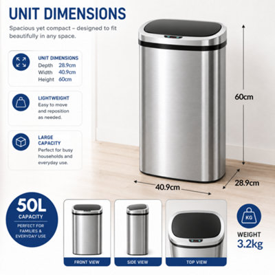 GlamHaus Motion Sensor Bin, 50L For Kitchen, Soft Close With Supplied ...