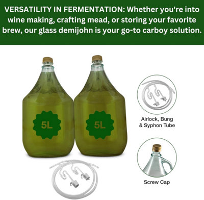 Glass Demijohn Set with Screw Cap-2 x 5L Natural Carboys for Wine ...