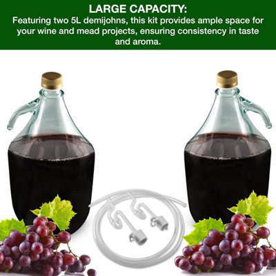 Glass Demijohn Set with Screw Cap-2 x 5L Natural Carboys for Wine & Mead Making Kit with Airlock ...