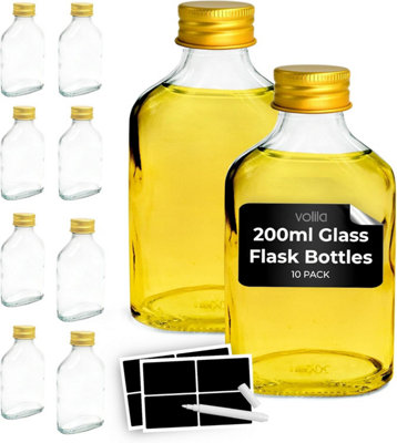 Glass Flask Bottles 200ml - 10 Pack with Gold Screw Lid Labels, and Pen ...