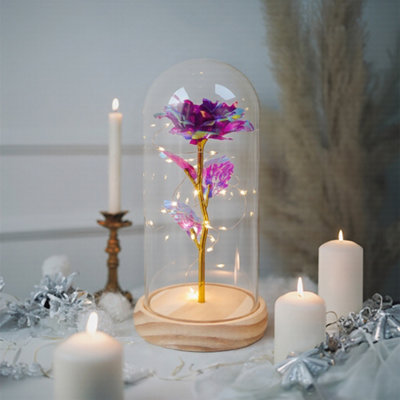 Glass Lamp With Golden Purple Rose Inside and Wooden Base