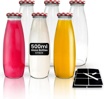 Glass Milk Bottles with Lids 6 Pack of 500ml Reusable Bottles with ...
