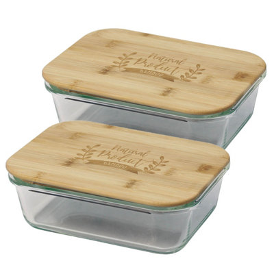 Glass Storage Container Rectangle 1500ml Food Box Airtight w/ Bamboo ...