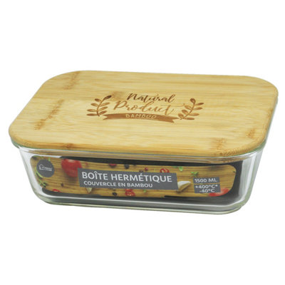 Glass Storage Container Rectangle 1500ml Food Box Airtight w/ Bamboo ...