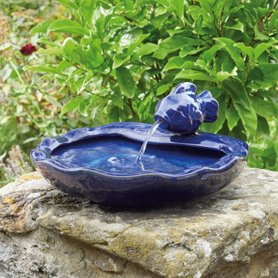 Glazed Blue Ceramic Fish Solar Powered Water Feature - Outdoor Garden ...