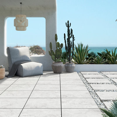 Glen Matt White Concrete Effect Porcelain Outdoor Tile - Pack of 16, 11 ...
