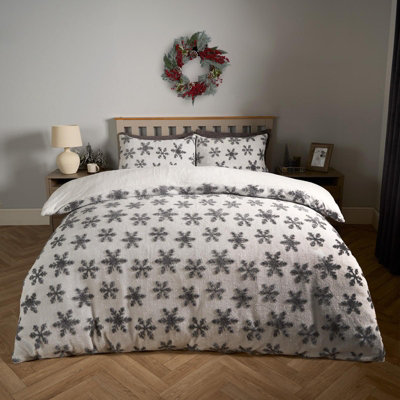 Glitter Duvet Cover Snowflake Christmas Fleece Bedding Set Quilt, Grey ...