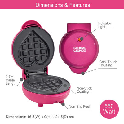 GLOBAL GIZMOS MINI HEART-SHAPED WAFFLE MAKER - PINK